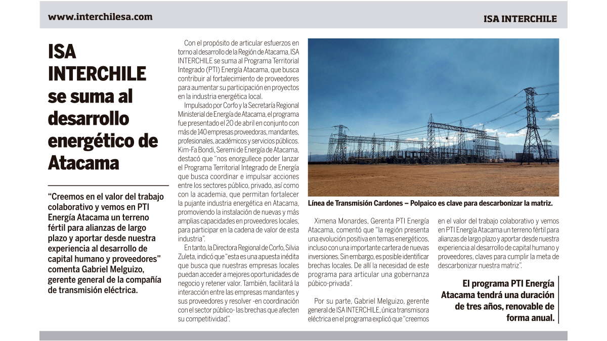 ISA INTERCHILE se suma al desarrollo energético de Atacama – ISA